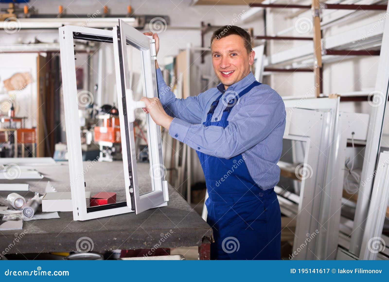 Guy Worker is Demonstrating the Window Frame Stock Image - Image of ...