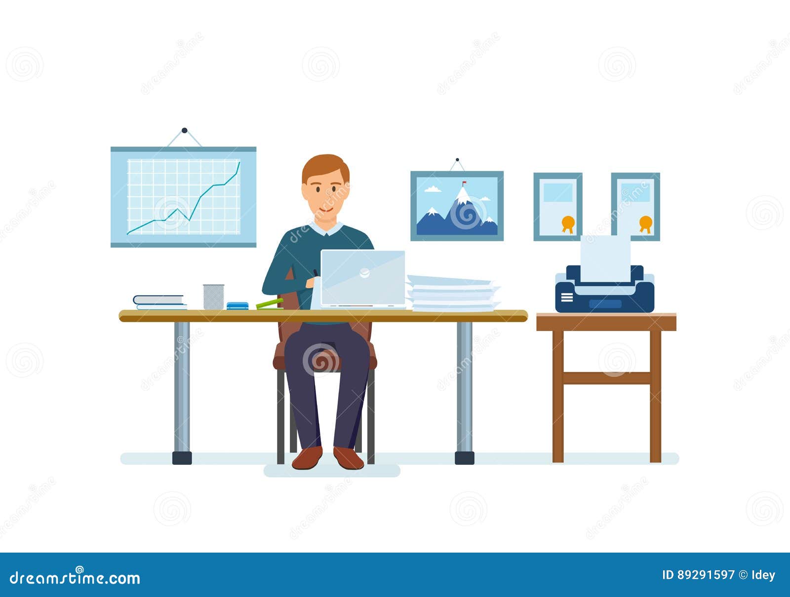 Guy Working at Computer Over Project, at Table Sipping Coffee. Stock ...