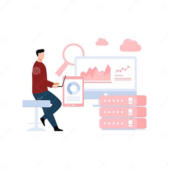 A Boy is Working on Database Analytics Stock Illustration ...