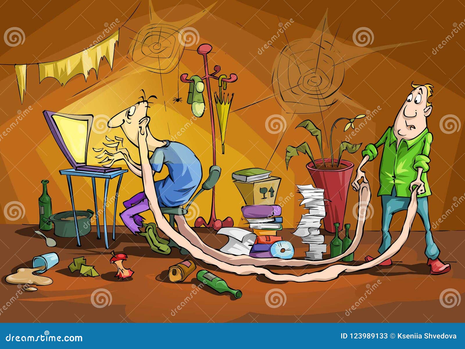 Guy Working for a Long Time on the Computer Alone Stock Illustration ...