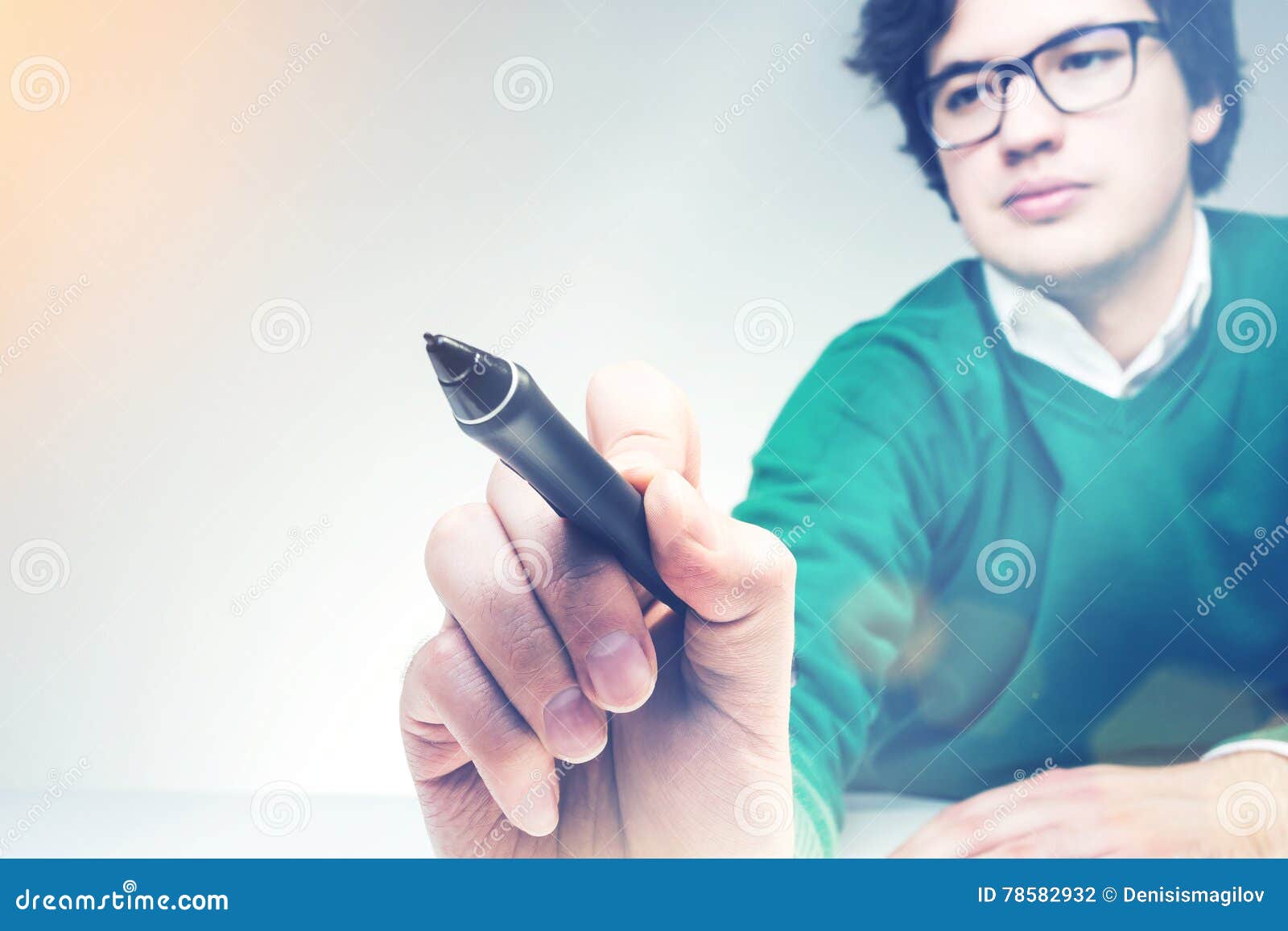 Guy Writing with Marker in the Air Stock Photo - Image of expression ...