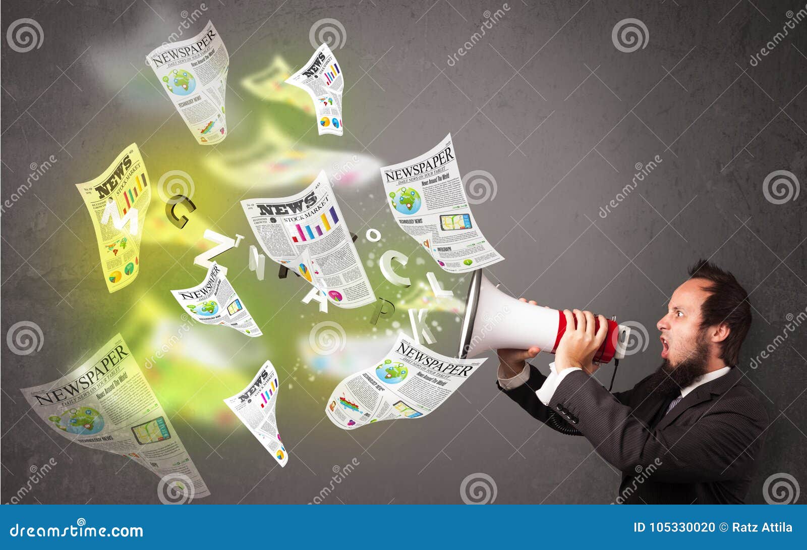 Guy Yelling into Loudspeaker and Newspapers Fly Out Stock Photo - Image ...