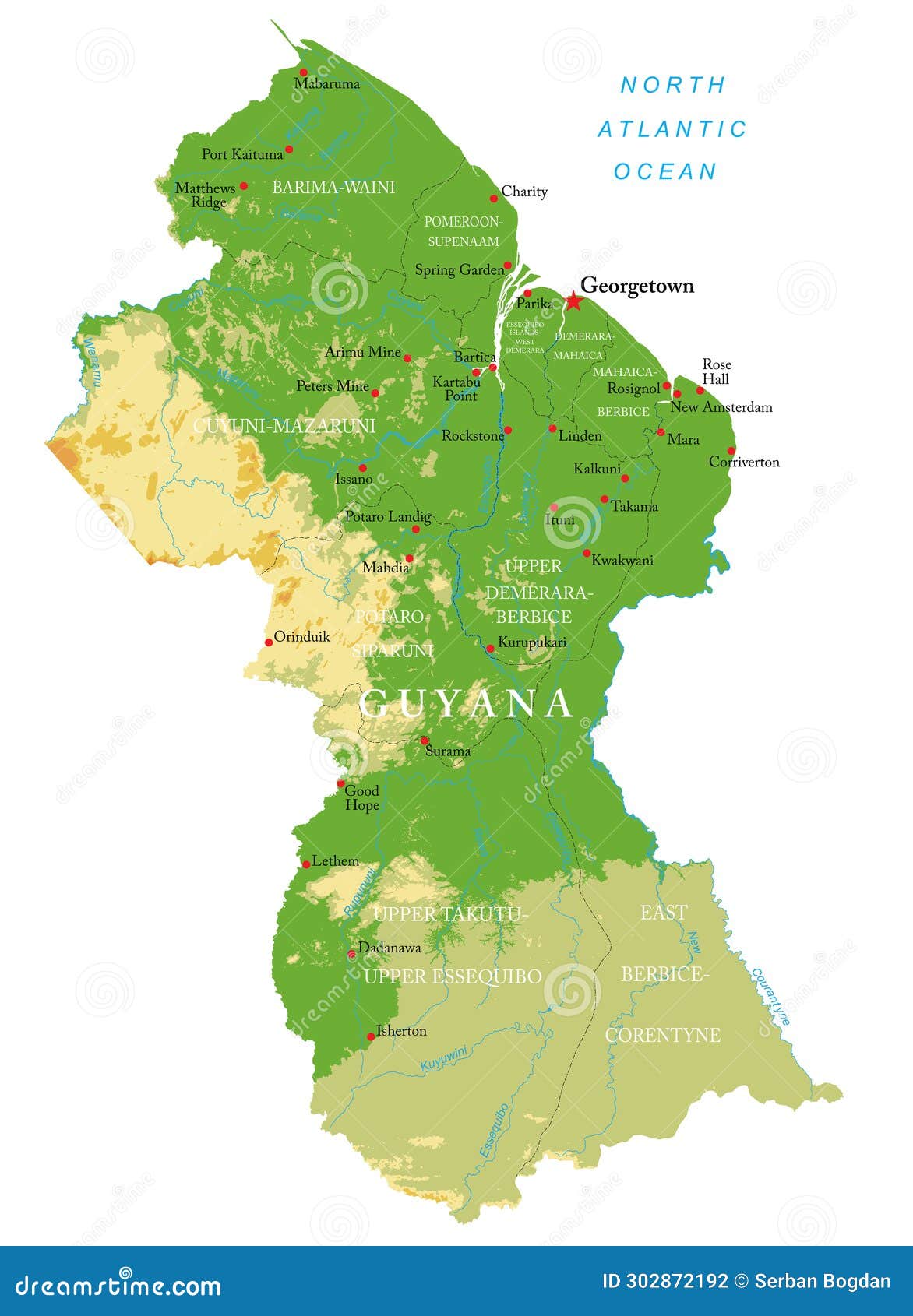 Highly Detailed Physical Map of Guyana Stock Vector - Illustration of guyana, mahdia: 302872192