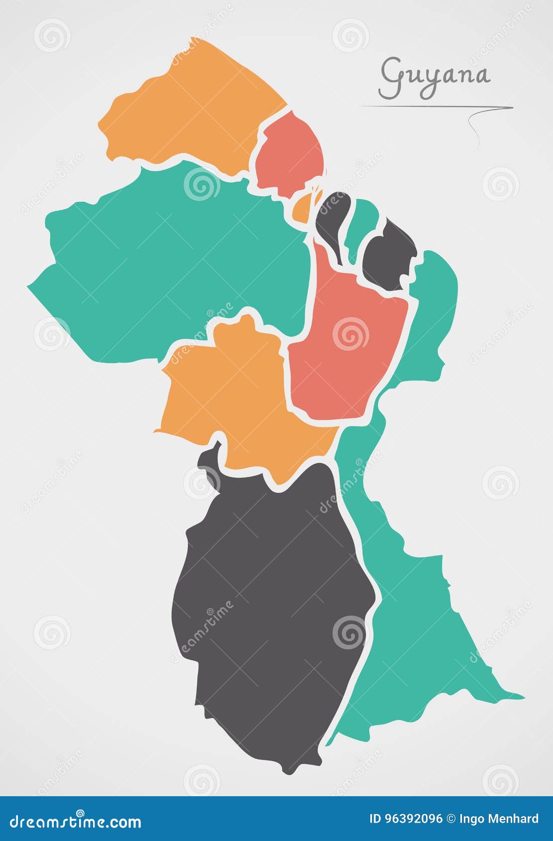 Guyana Map with States and Modern Round Shapes Stock Vector ...