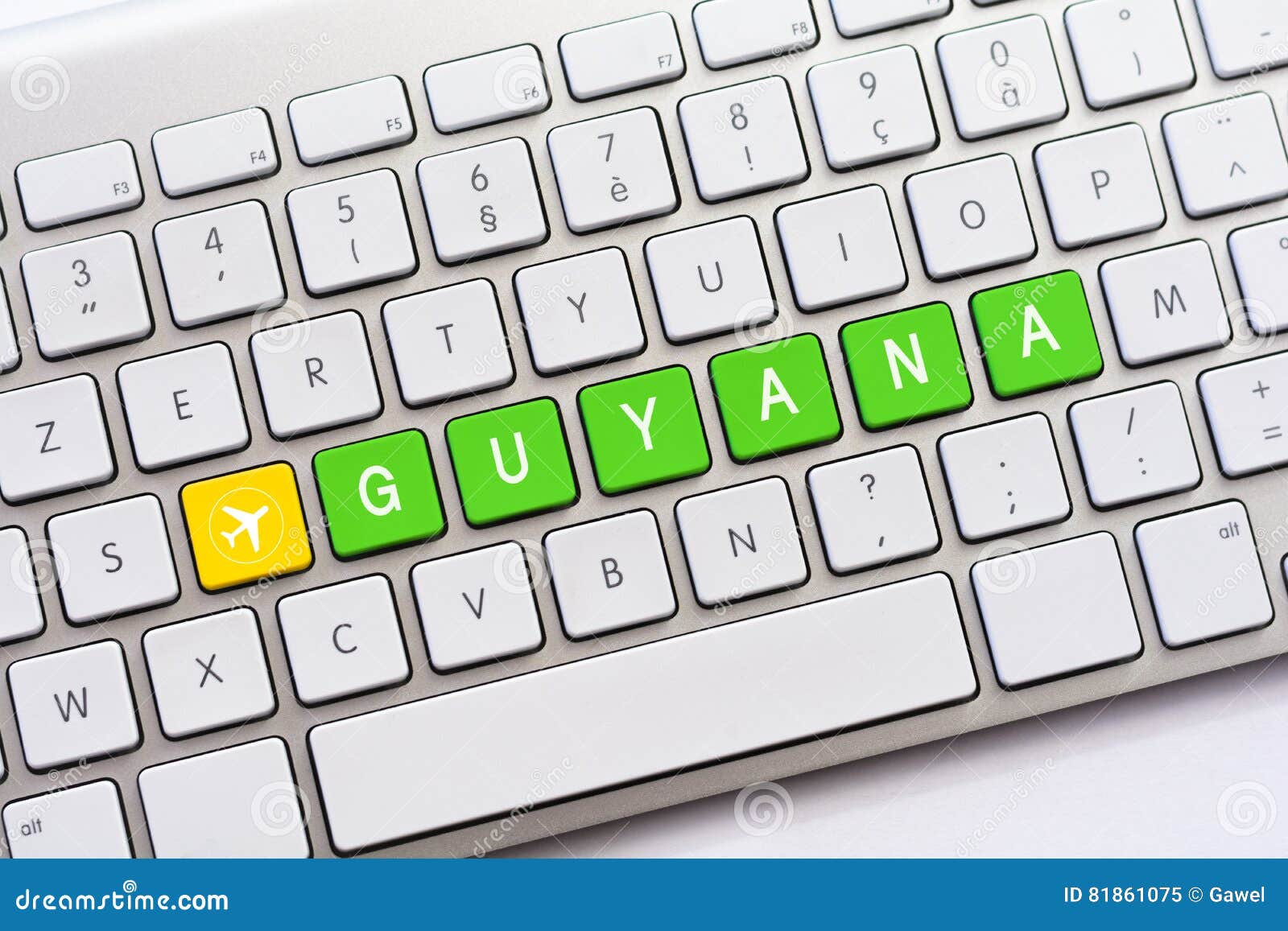 GUYANA Writing on White Keyboard with a Aircraft Sketch Stock Image ...