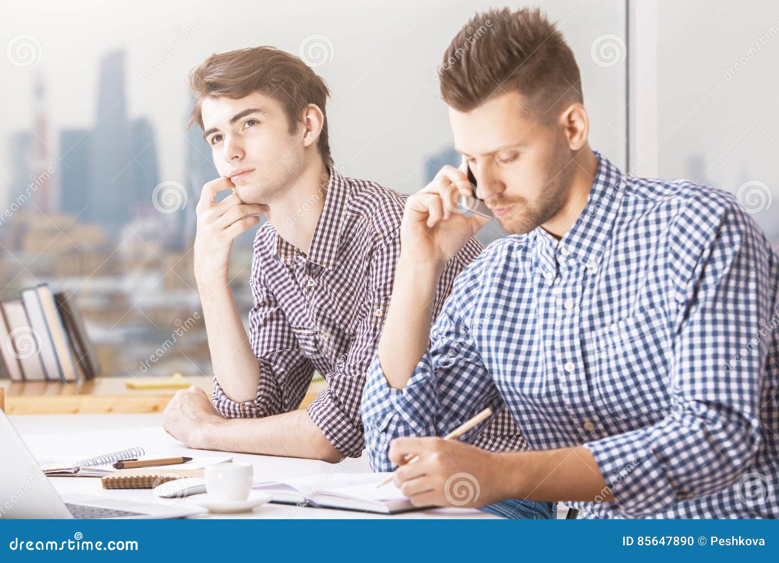 Guys Talking on Phone at Workplace Stock Photo - Image of desk ...