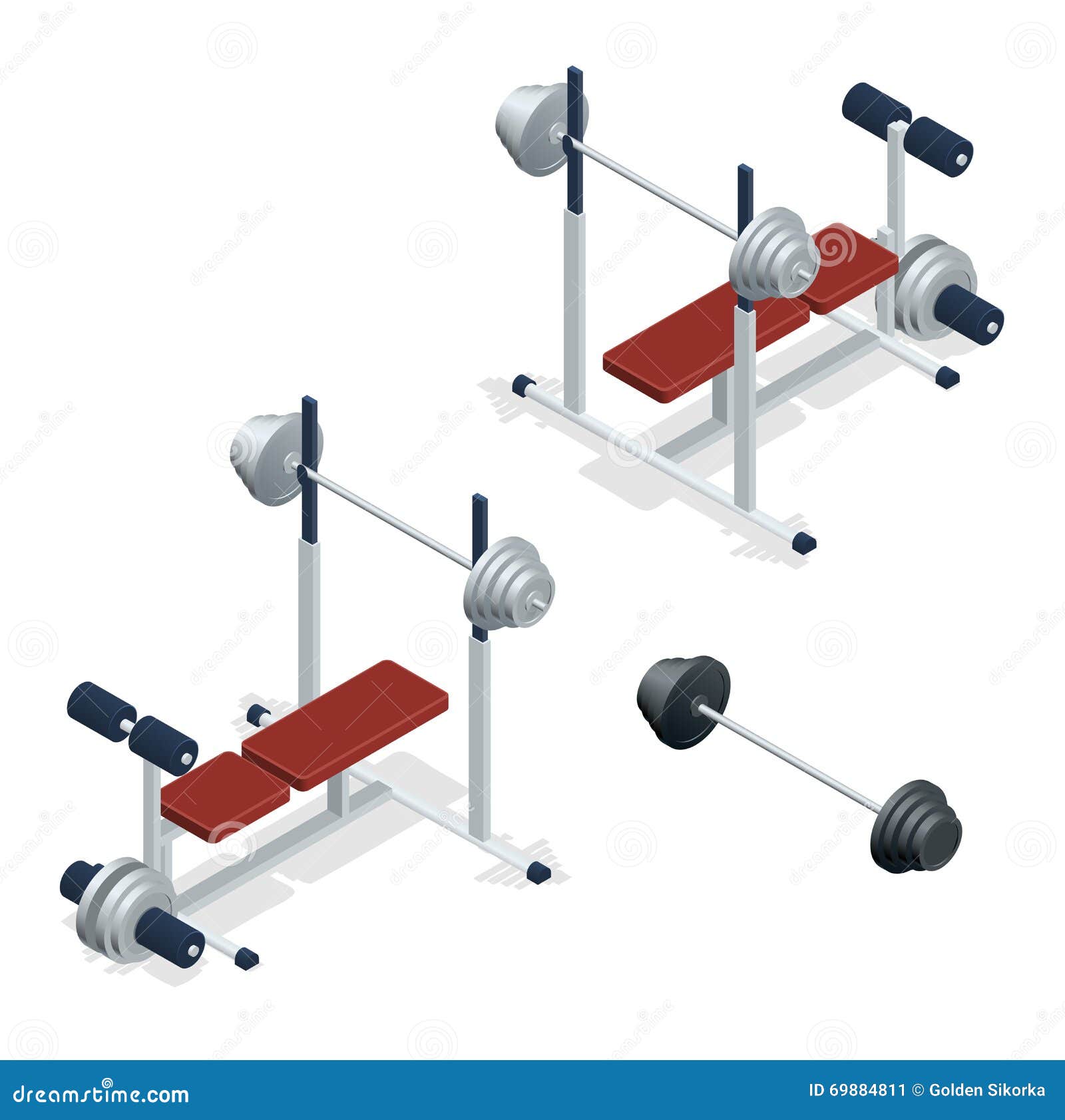 Gym Adjustable Weight Bench with Barbell Isolated on White Background ...