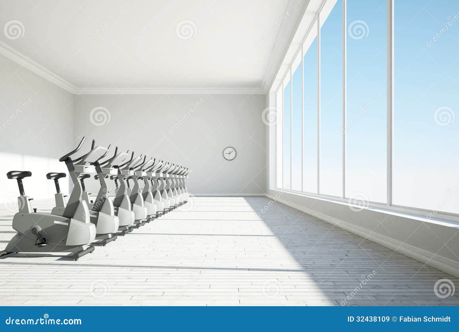 Gym with big windows stock illustration. Illustration of clock - 32438109