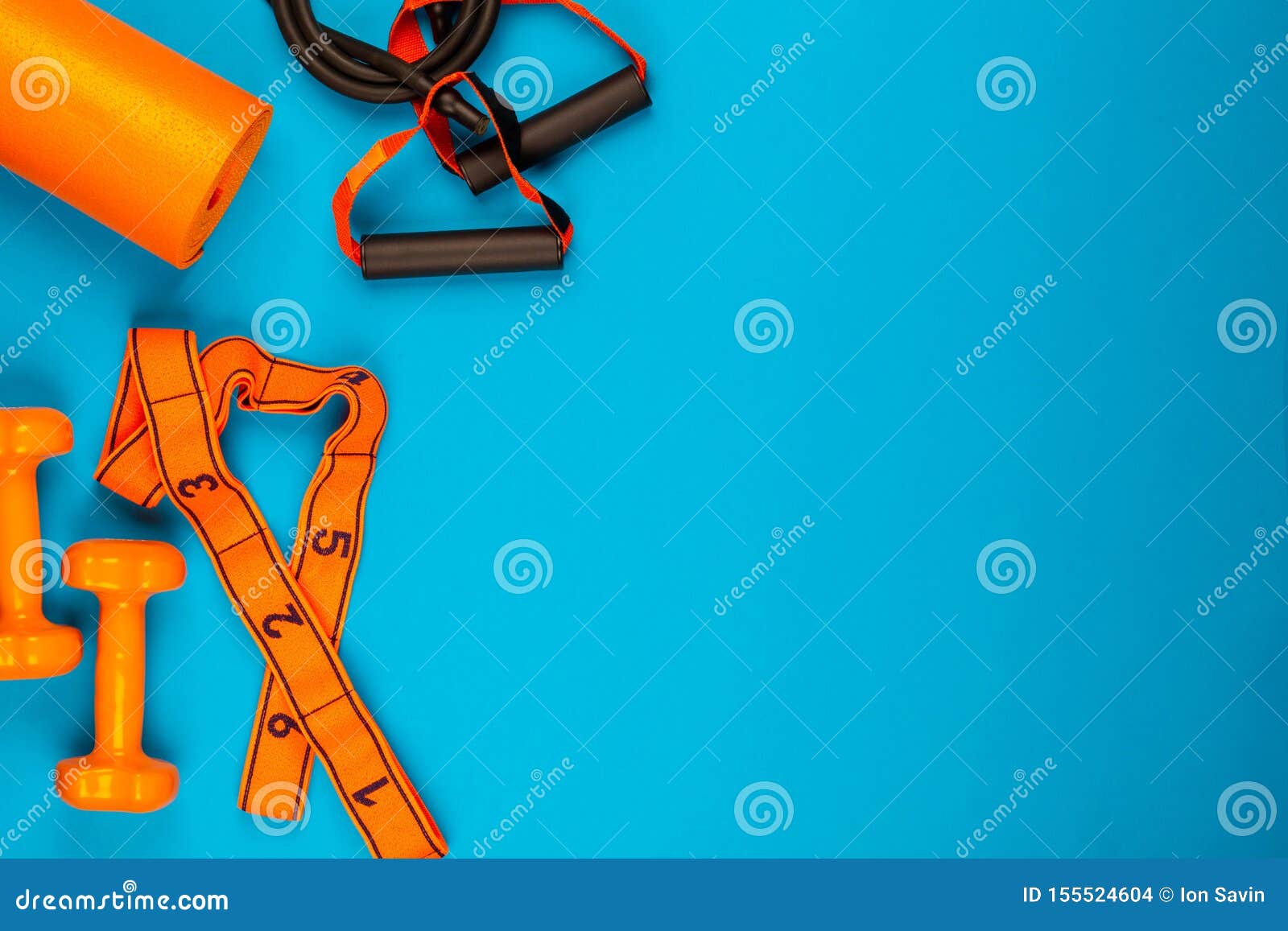 Gym Equipment on Blue Background, Shot from Above Stock Photo - Image ...