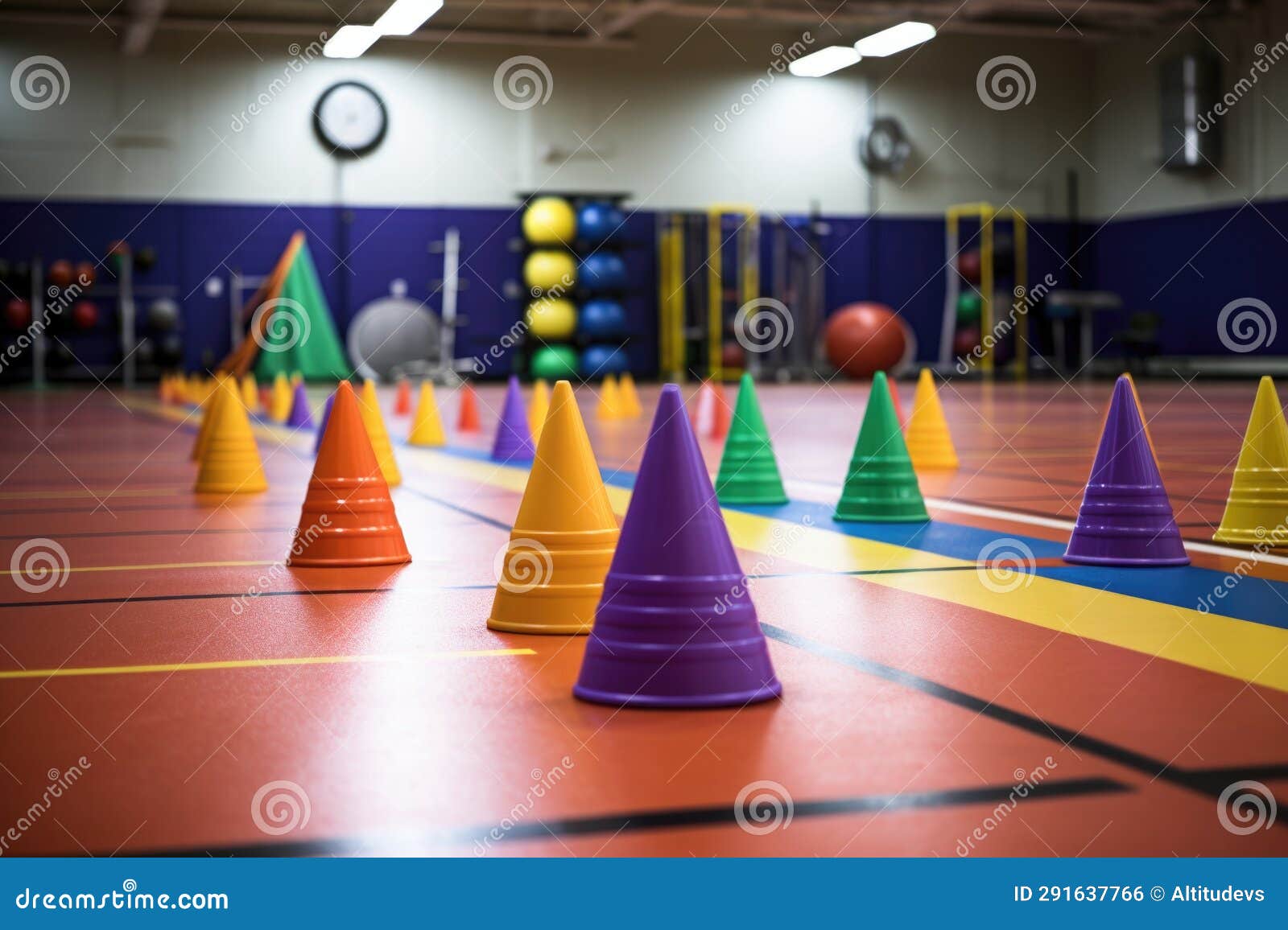 Gym Floor Marked with Vibrant Agility Cones for Interval Training Stock ...