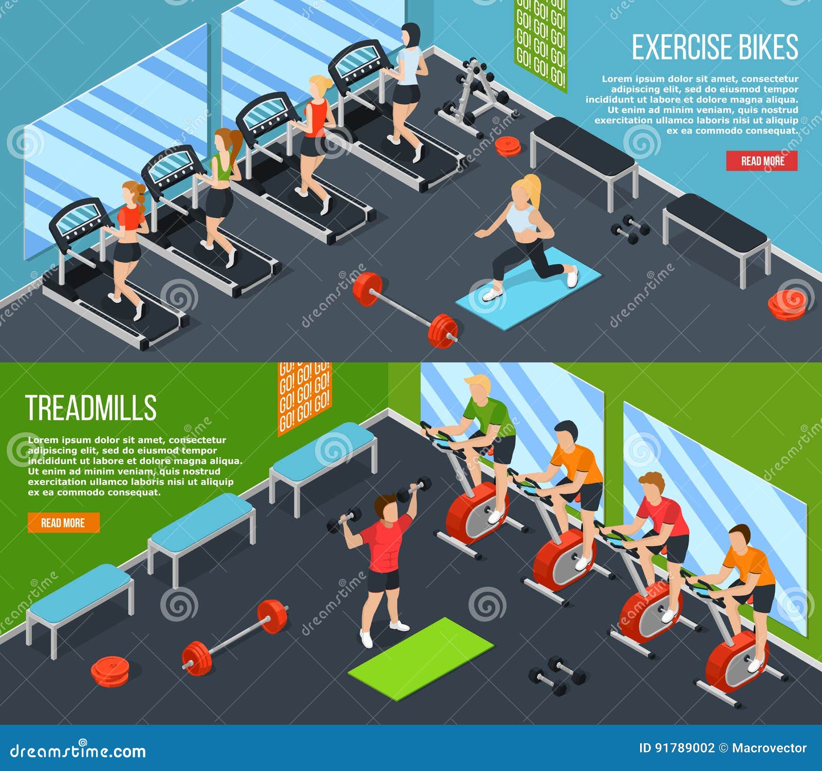 Gym Isometric Banner Set stock vector. Illustration of bicycle - 91789002