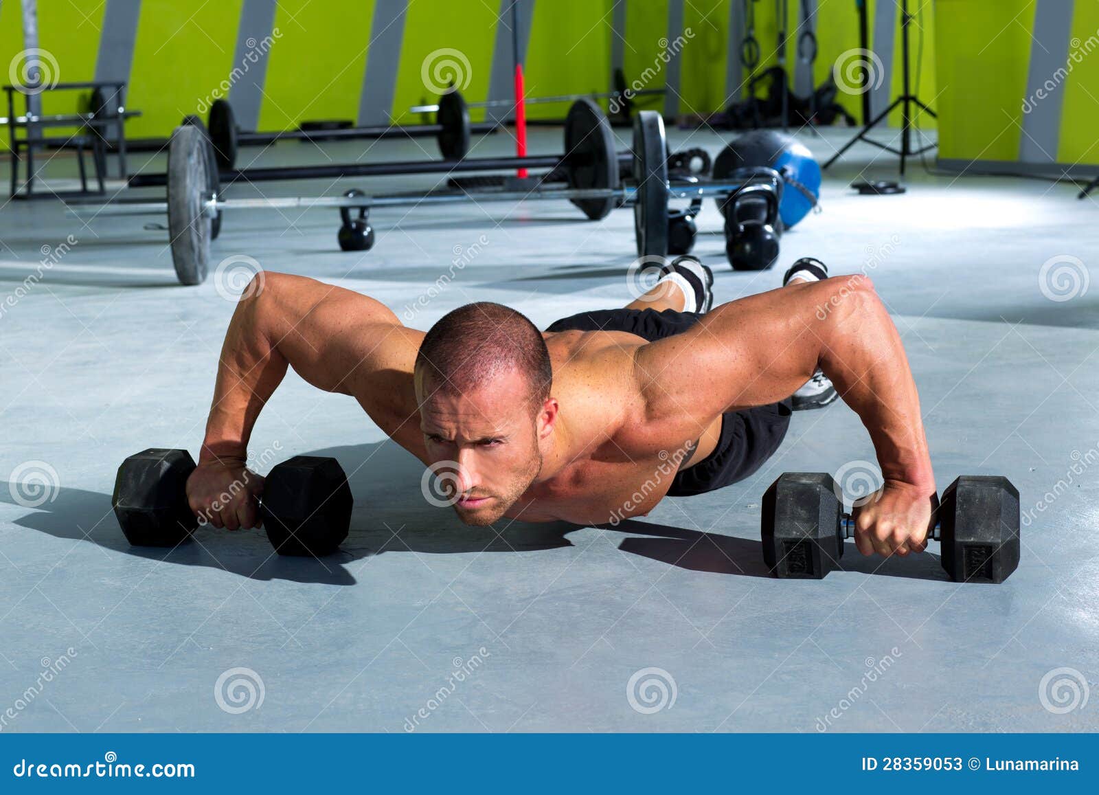 Gym Man Push-up Strength Pushup Exercise with Dumbbell Stock Image ...