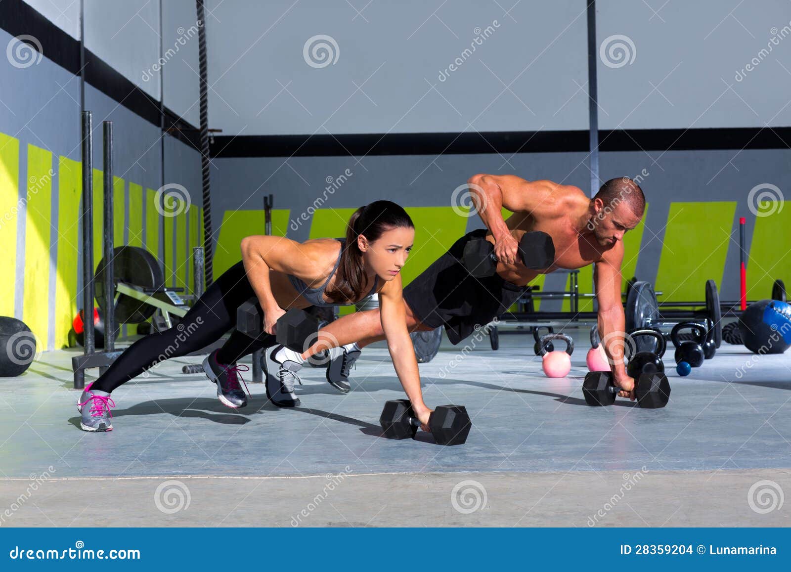 Gym Man and Woman Push-up Strength Pushup Stock Photo - Image of cross ...