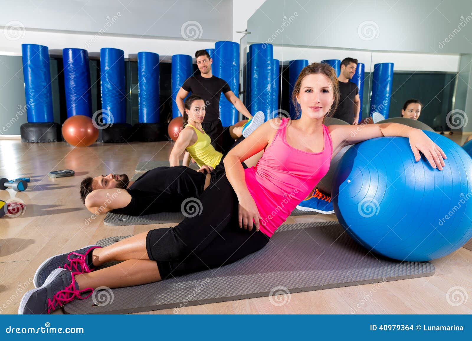 Gym People Group Relaxed after Fitball Training Stock Photo - Image of ...