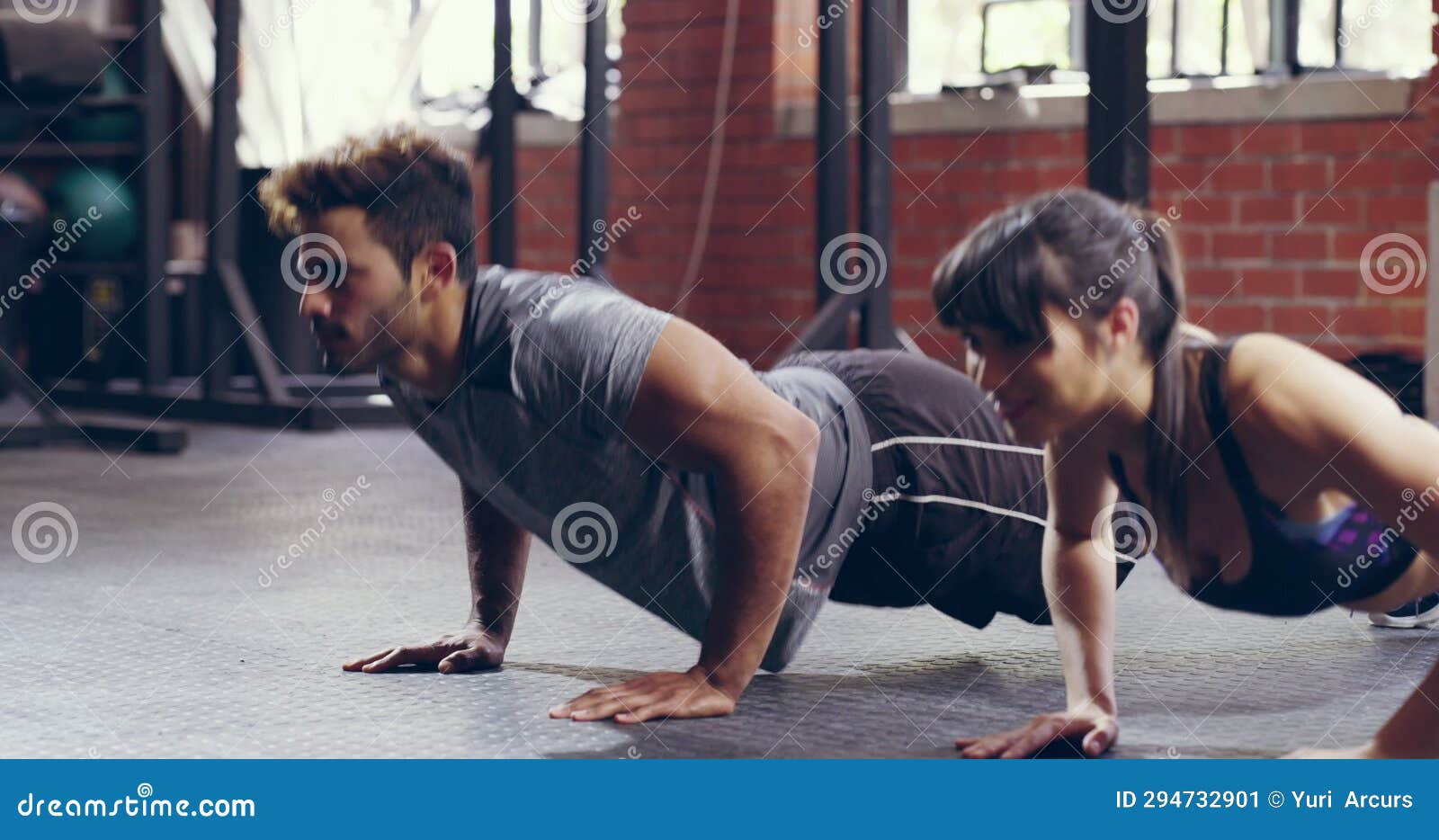 Gym, Pushups and Couple with Training, Challenge and Workout with ...