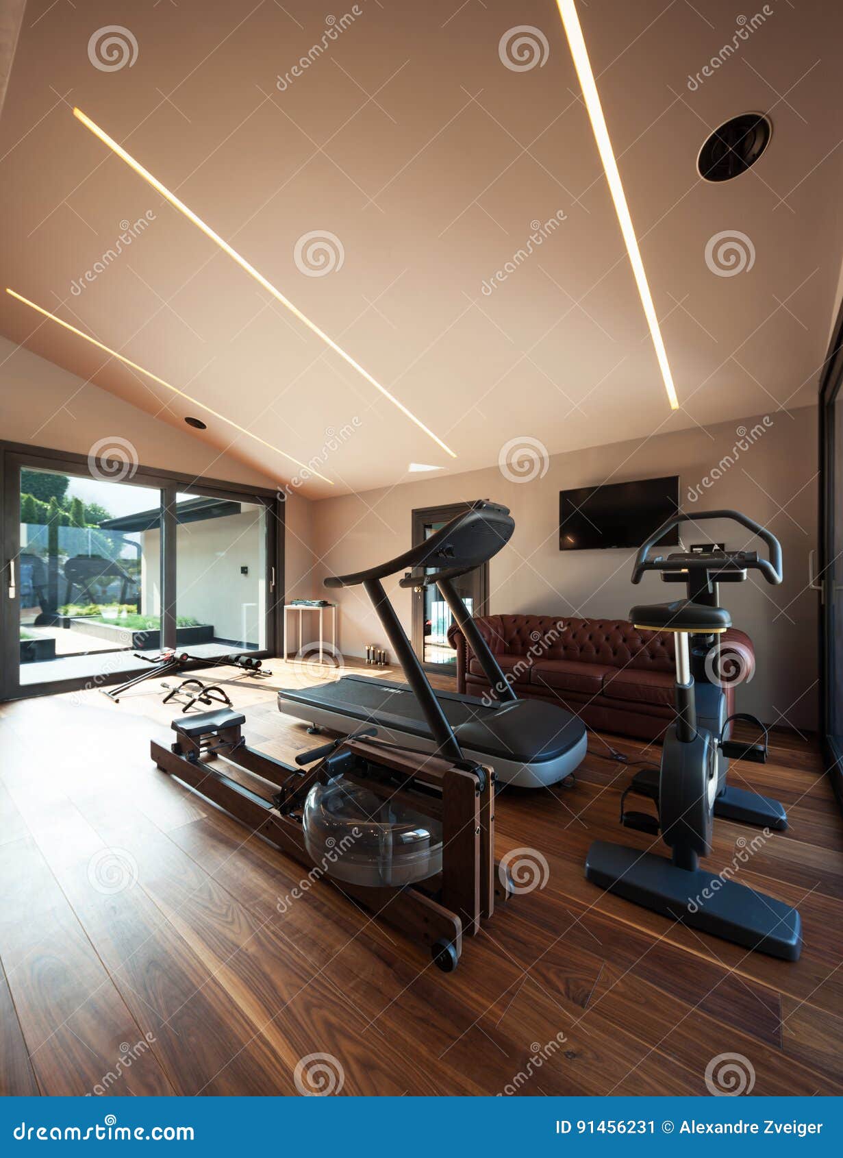Gym Room with Gym Tool with Parquet Stock Image - Image of windows ...