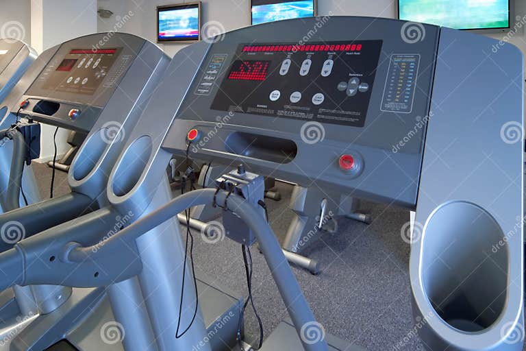 Gym Treadmill Exercise Machines Stock Image - Image of screen, heart ...
