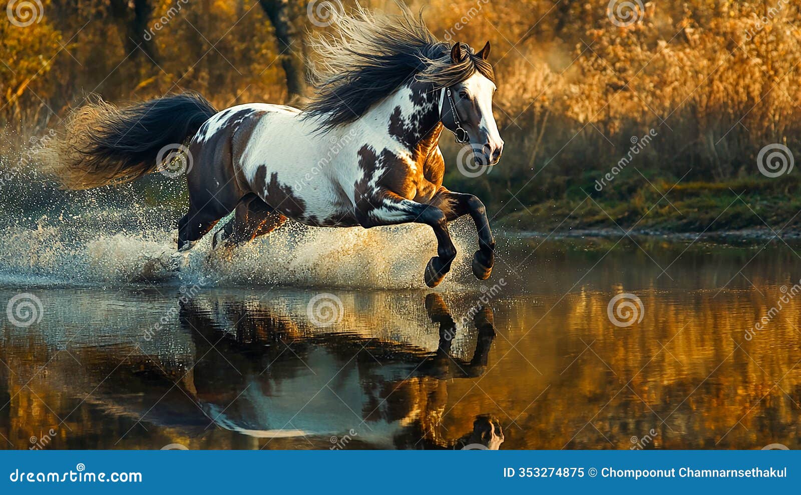 A Gypsy Vanner Horse Galloping Along a Riverbank, with Its Reflection ...