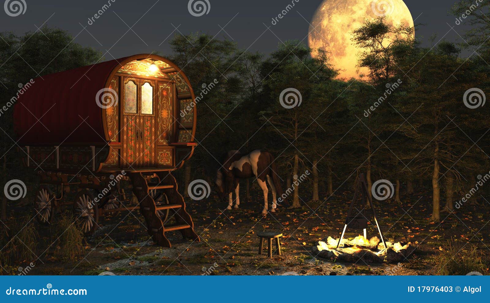 Gypsy Wagon in the Moonlight Stock Illustration - Illustration of ...