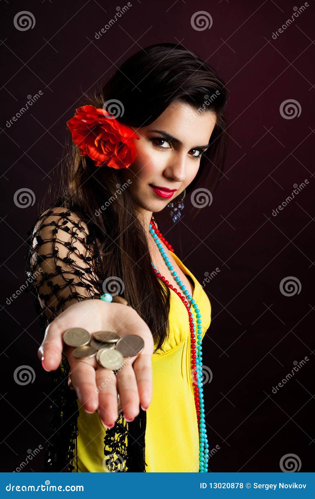 Gypsy woman with coins stock photo. Image of attract - 13020878