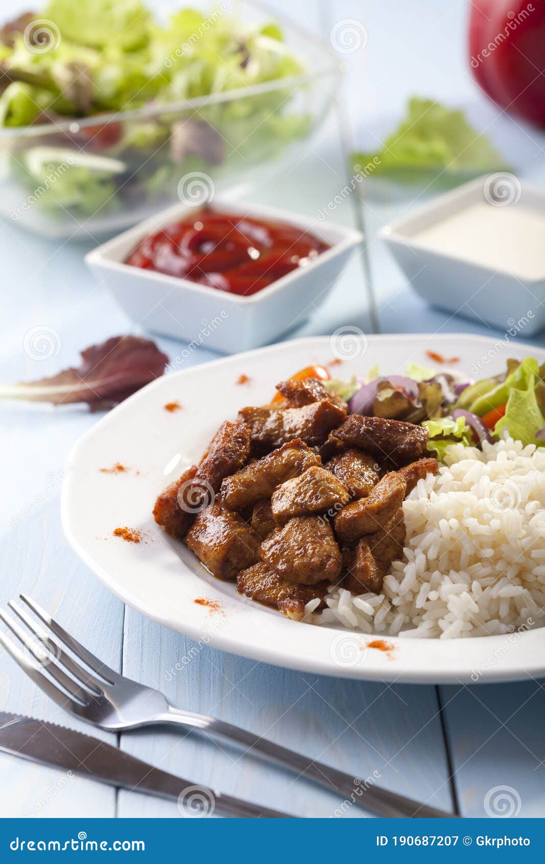 Gyros on a plate stock image. Image of rice, greek, french - 190687207