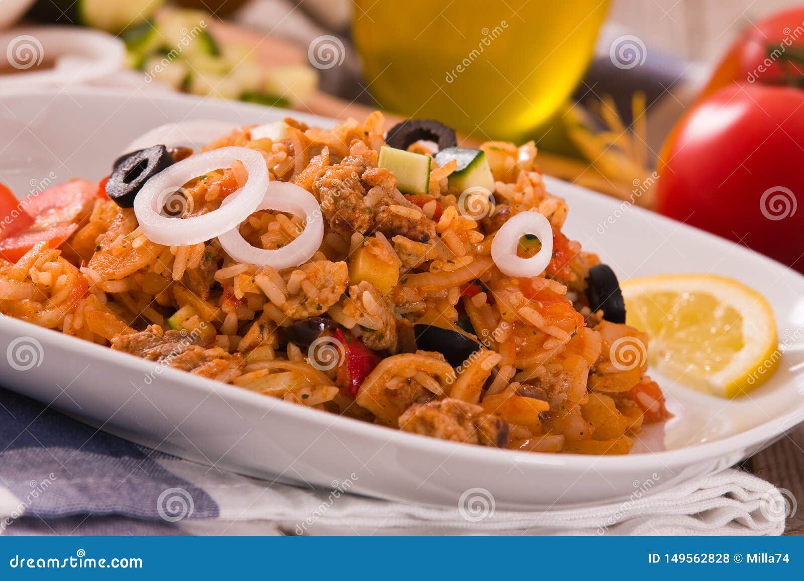 Gyros rice dish. stock photo. Image of grape, cooked - 149562828