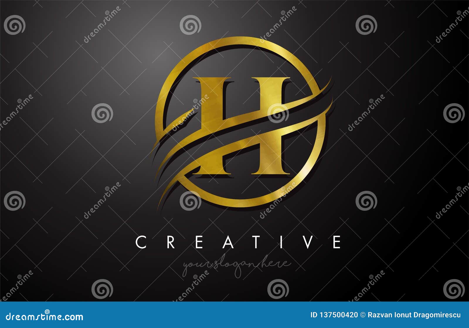 H Golden Letter Logo Design With Circle Swoosh And Gold Metal Texture Stock Vector