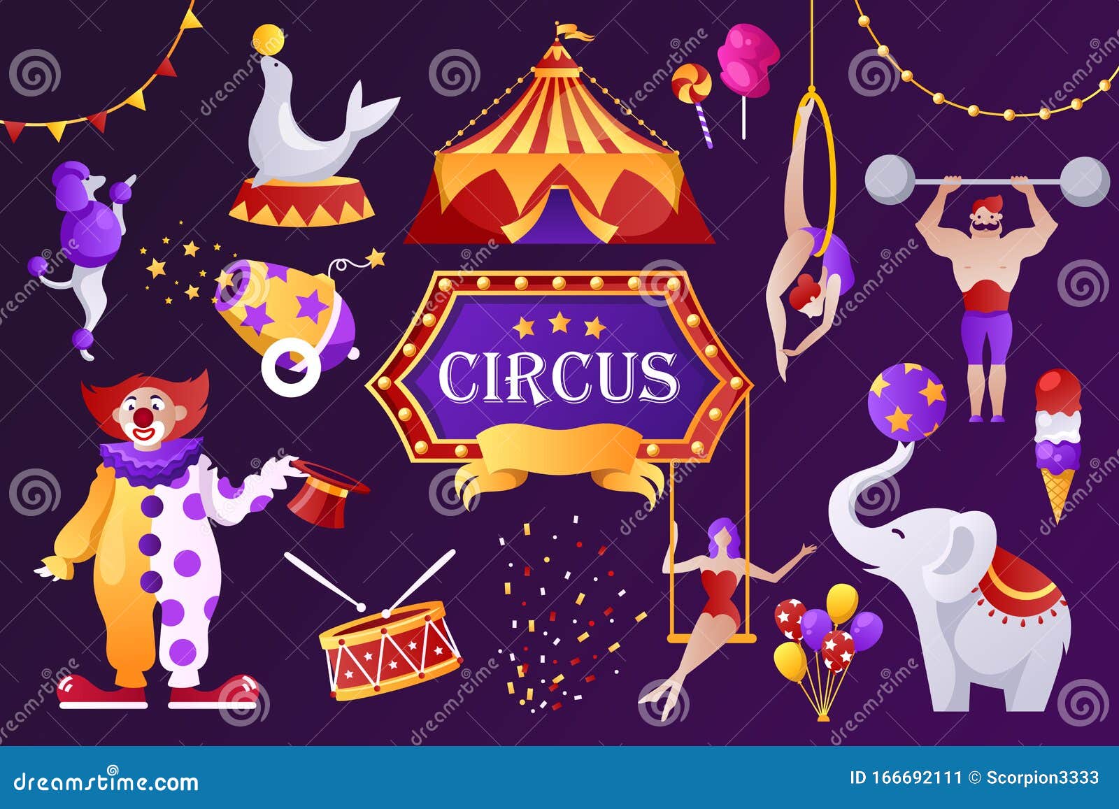 Circus Banner Template. Set of Cartoon Vector Objects and Characters ...