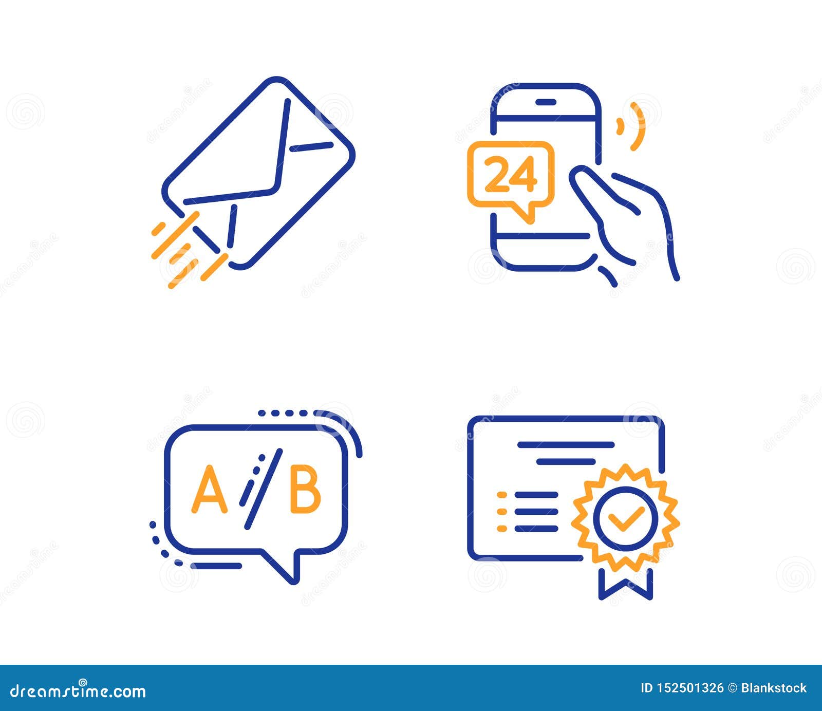 24h Service, E-mail and Ab Testing Icons Set. Certificate Sign. Call ...