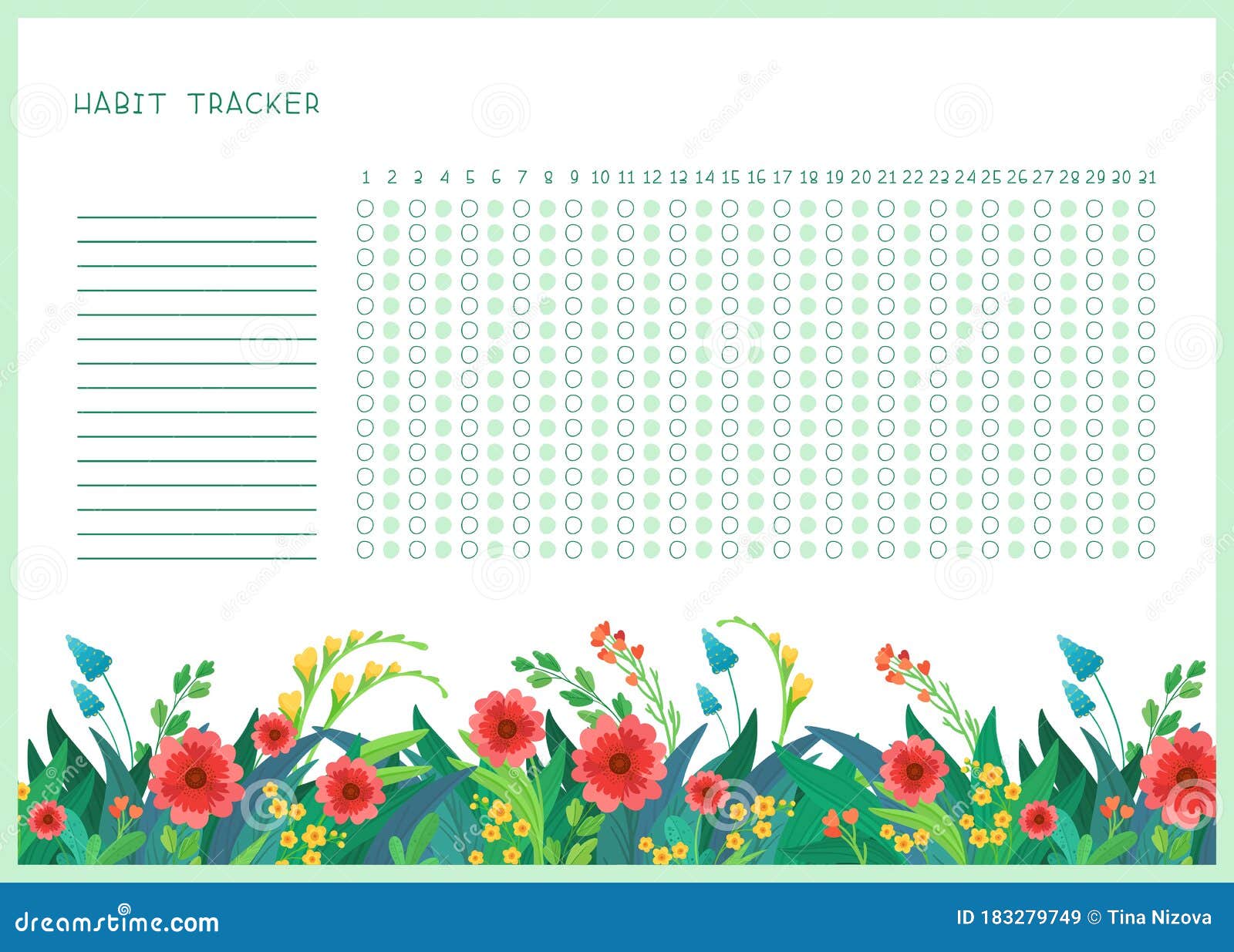 Habit Tracker for Month Flat Vector Template.Spring Wild Flowers Themed ...