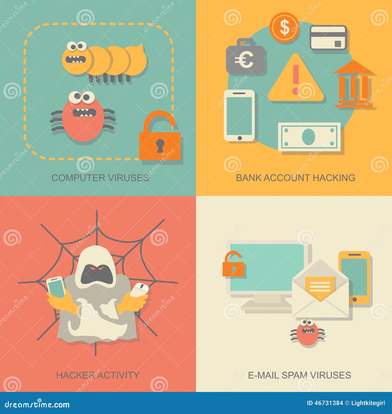 Hacker Activity Computer and E-mail Spam Viruses Stock Vector ...