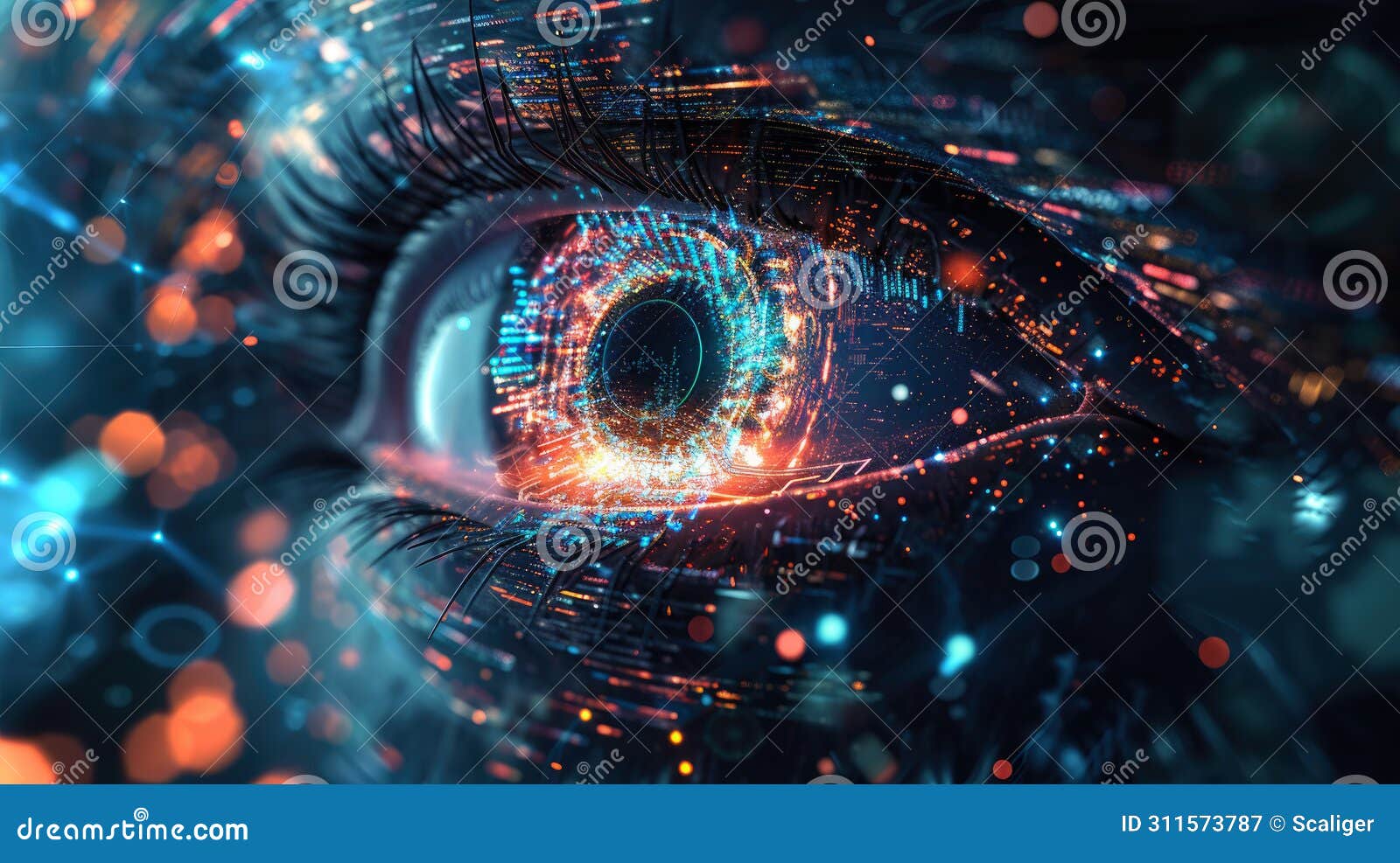 Hacker or AI Robot Eye in Dark Blue Space, Cyborg Vision on Digital ...