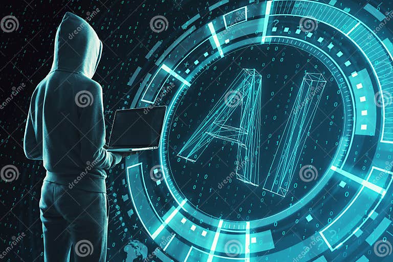 Hacker with AI screen stock photo. Image of information - 156405078