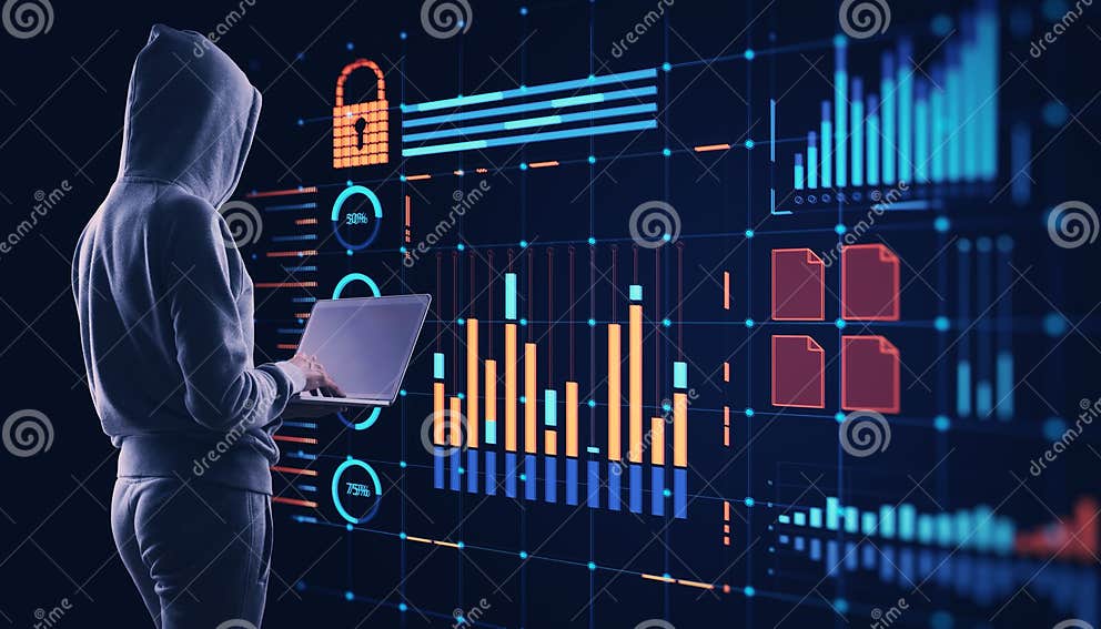 Hacker Analyzing Digital Data with Graphs and Charts on Futuristic ...