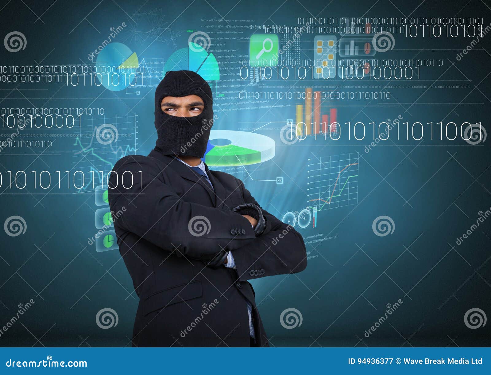 Hacker with Arms Crossed in Front of Blue Background with Digital ...