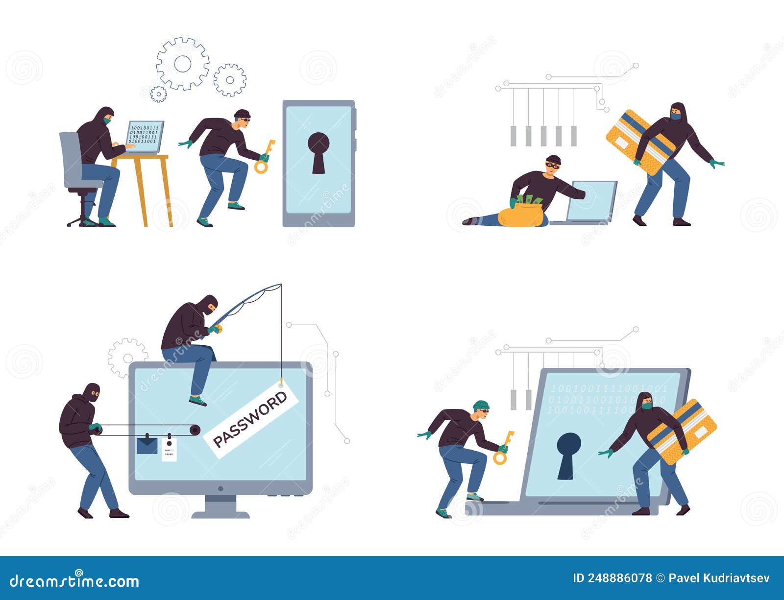 Hacker Attack and Identity Theft Scenes Set, Flat Vector Illustration ...