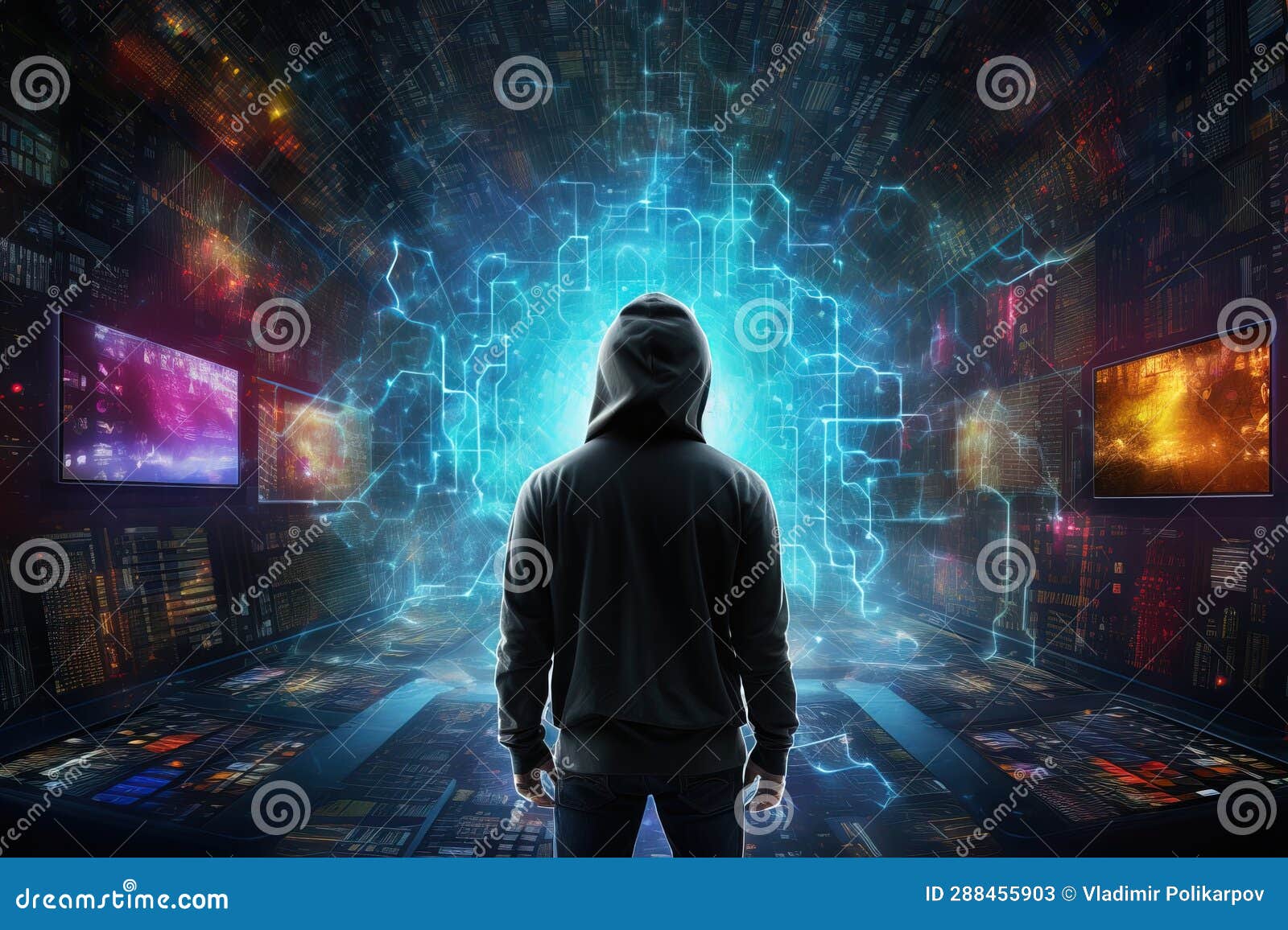 Hacker from Back Against Background of Bright Lights Stock Illustration ...