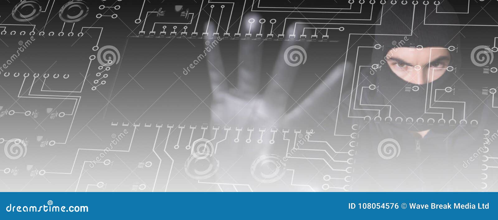 Composite Image of Hacker in Balaclava Gesturing and Looking at Camera ...