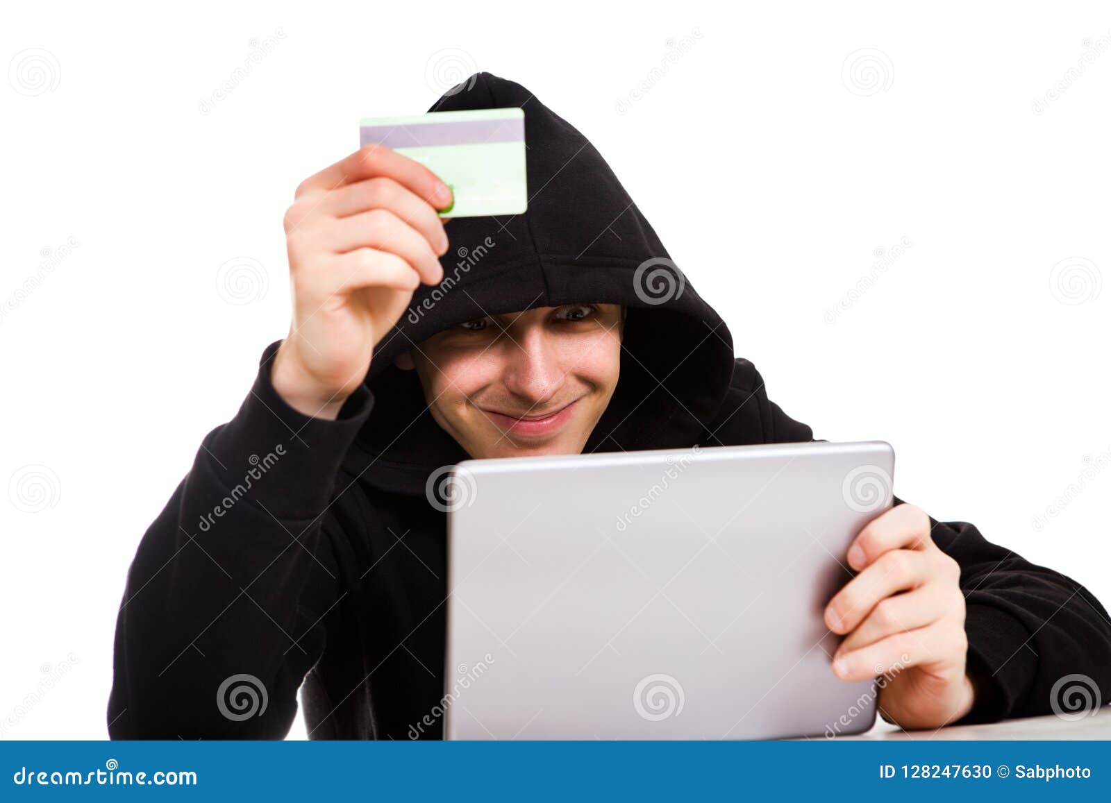 Hacker with a Bank Card stock photo. Image of fraud - 128247630