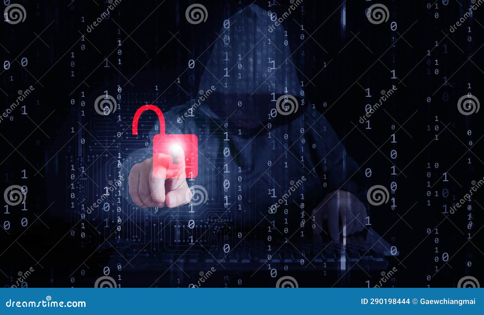 A Hacker Behind Binary Code A Stream Of Data Is Able To Break Through It And Unlocks Cyber