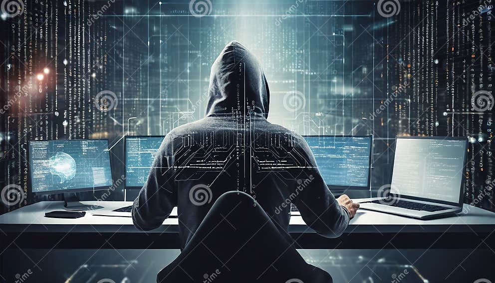 Hacker behind computer stock illustration. Illustration of computer ...