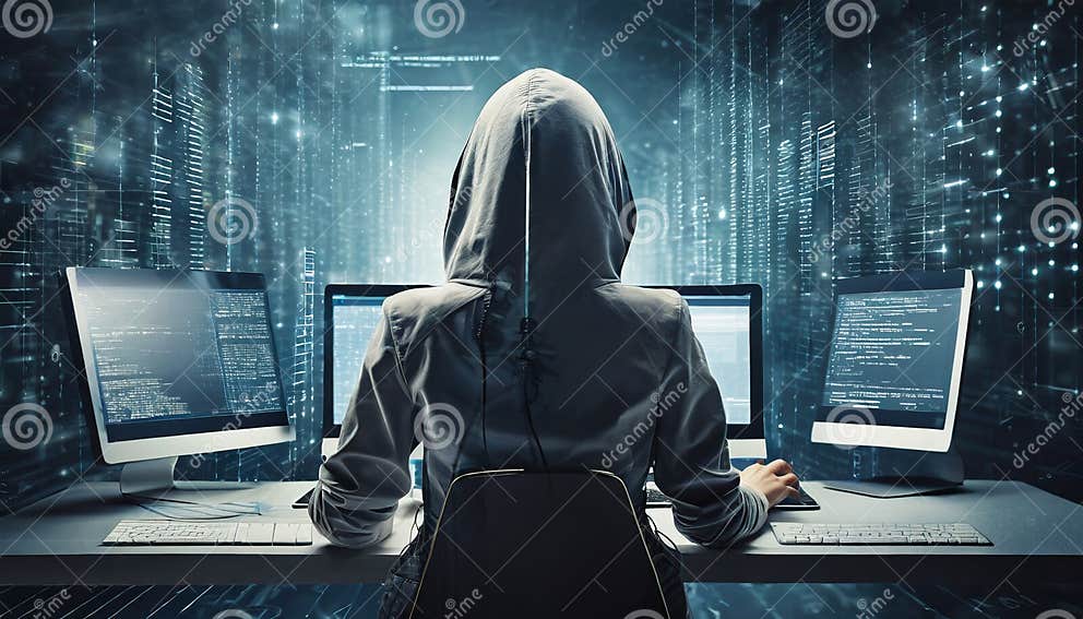 Hacker behind computer stock illustration. Illustration of furniture ...