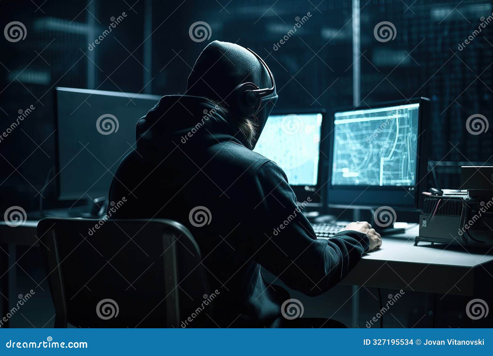 Hacker from Behind Using a Computer in a Dark Room Stock Illustration ...
