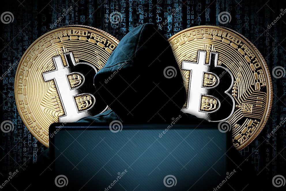 Hacker with Bitcoins Behind Notebook Laptop in Front Blue Source Binary ...