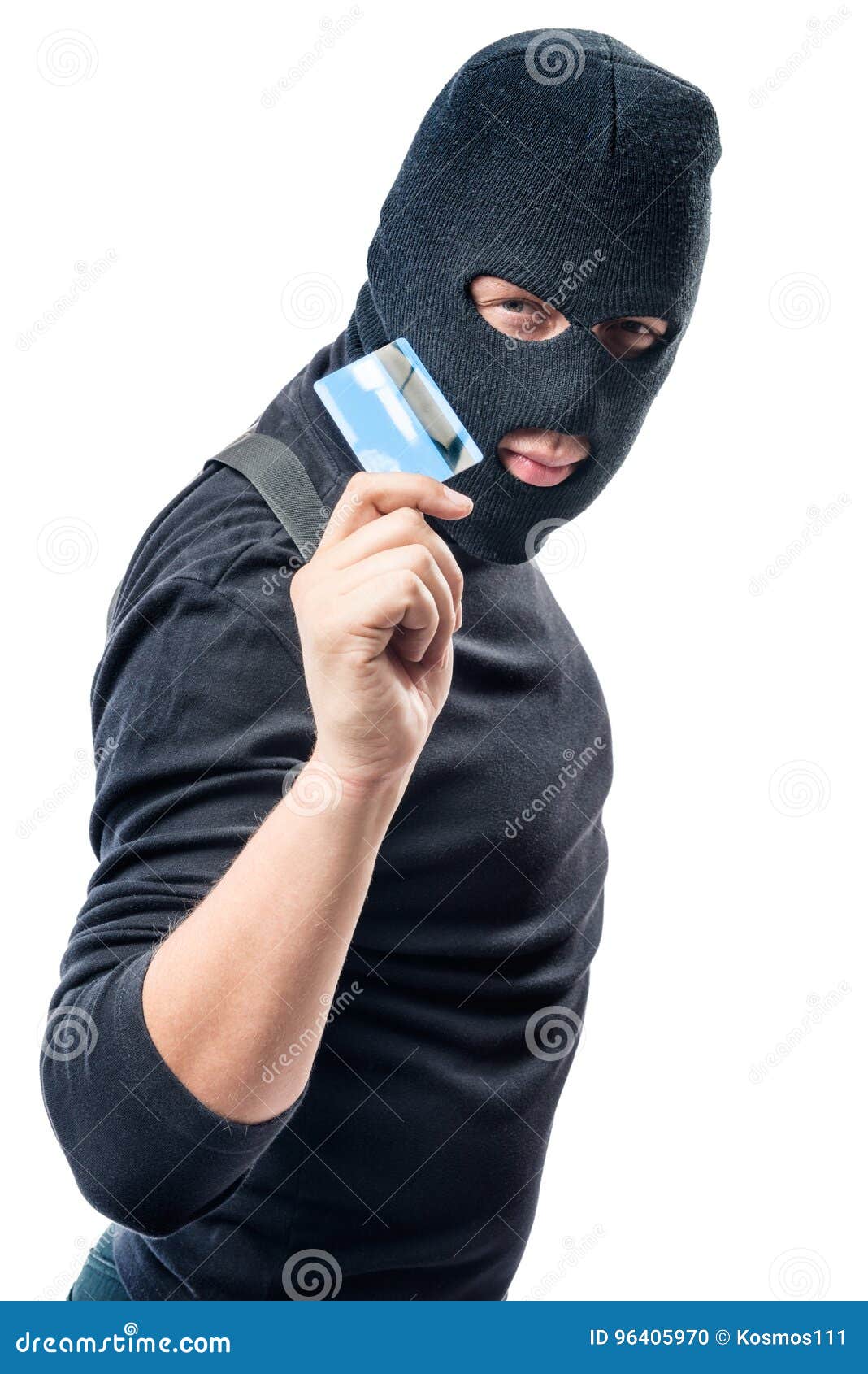 A Hacker In Black Clothes And A Mask With A Laptop On A White Royalty ...