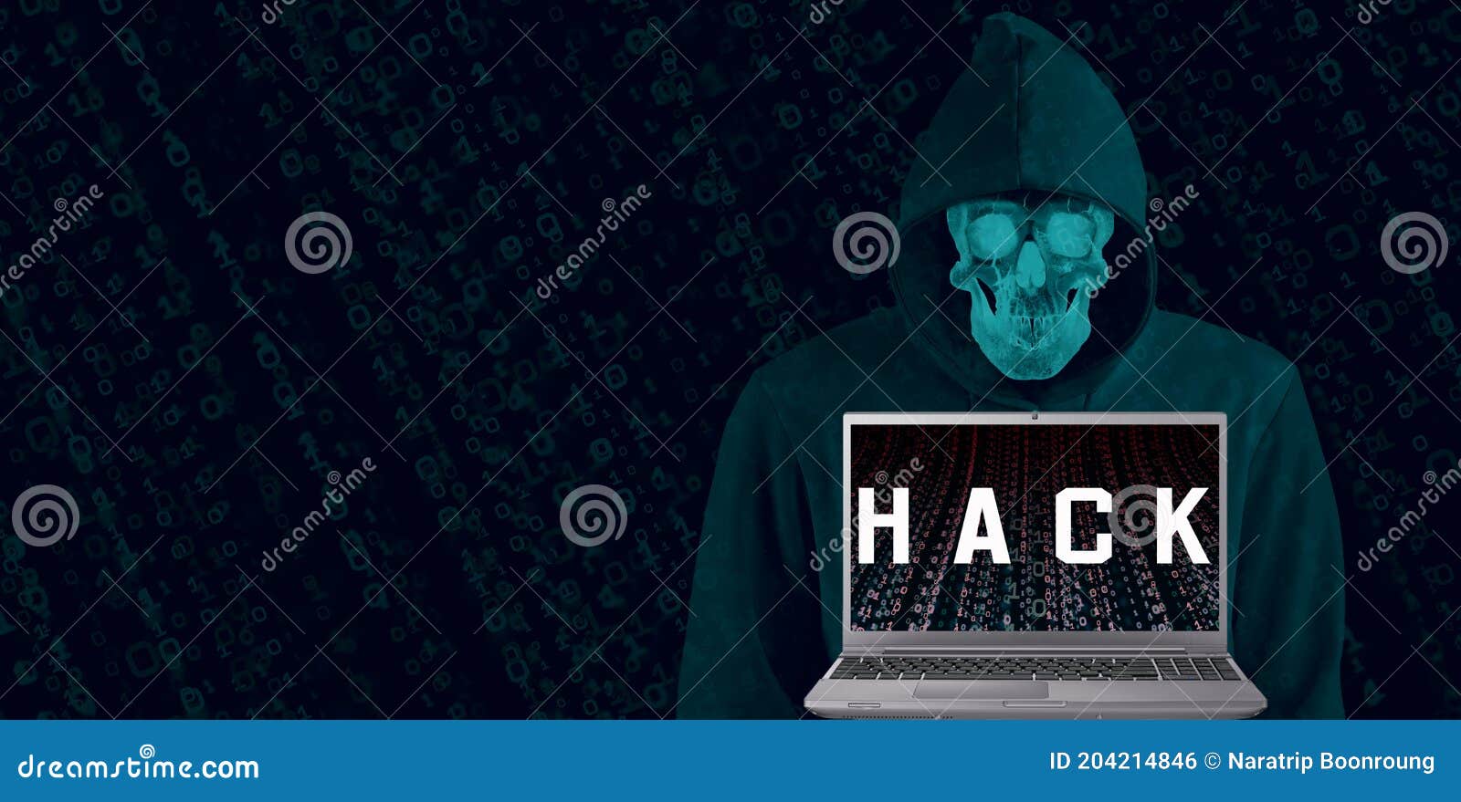 Hacker In Black Hood On Binary Background Code Containing A Binary Stream And A Security