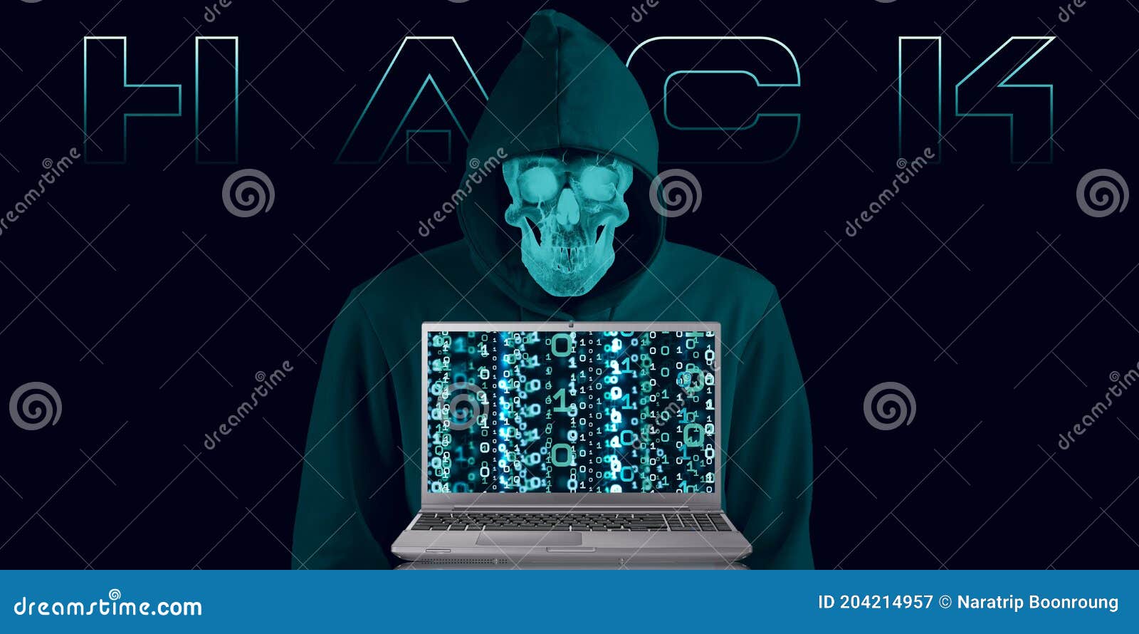 Hacker In Black Hood On Binary Background Code Containing A Binary Stream And A Security