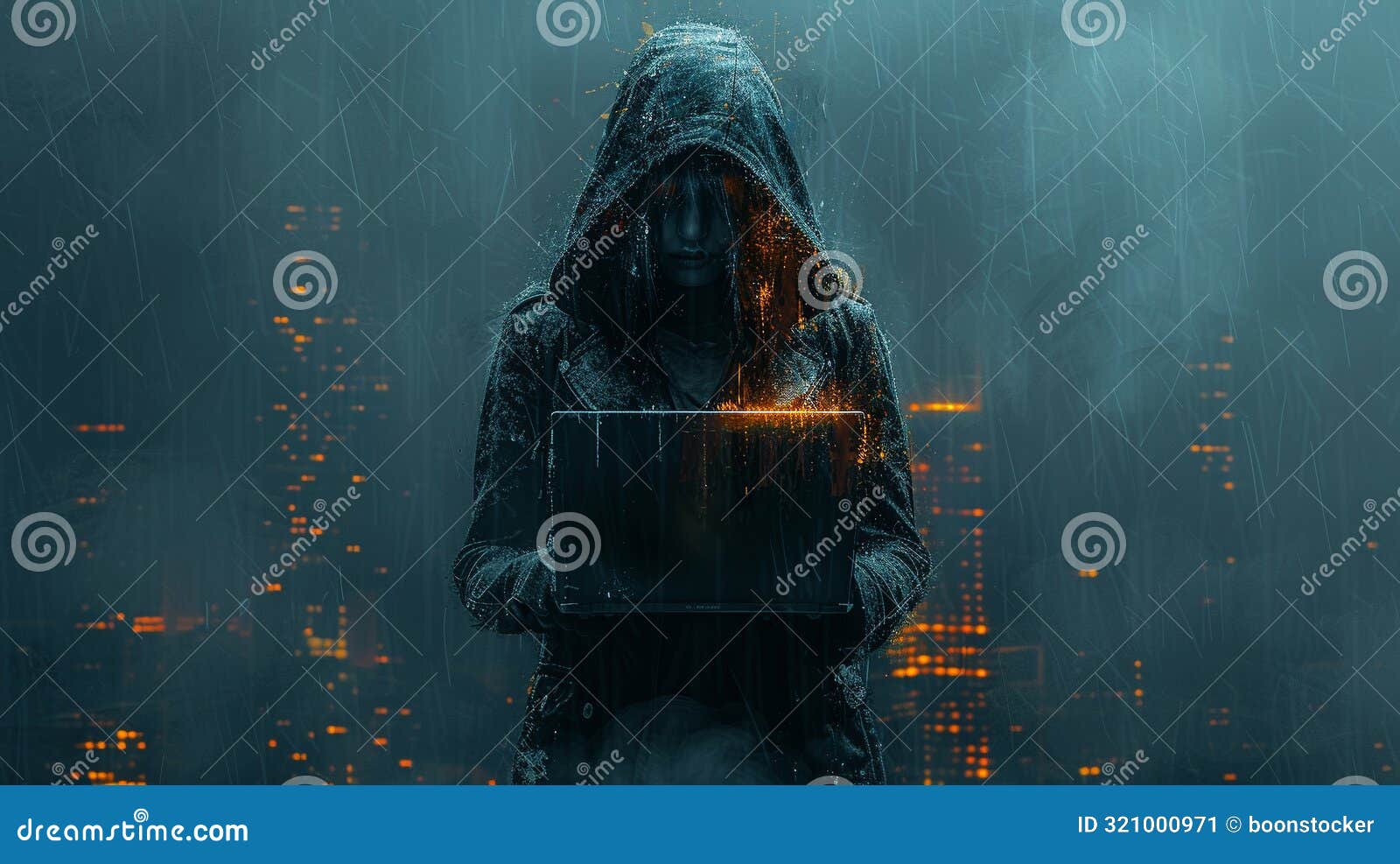 A Hacker in a Black Hood with His Laptop. Internet Crime Stock ...