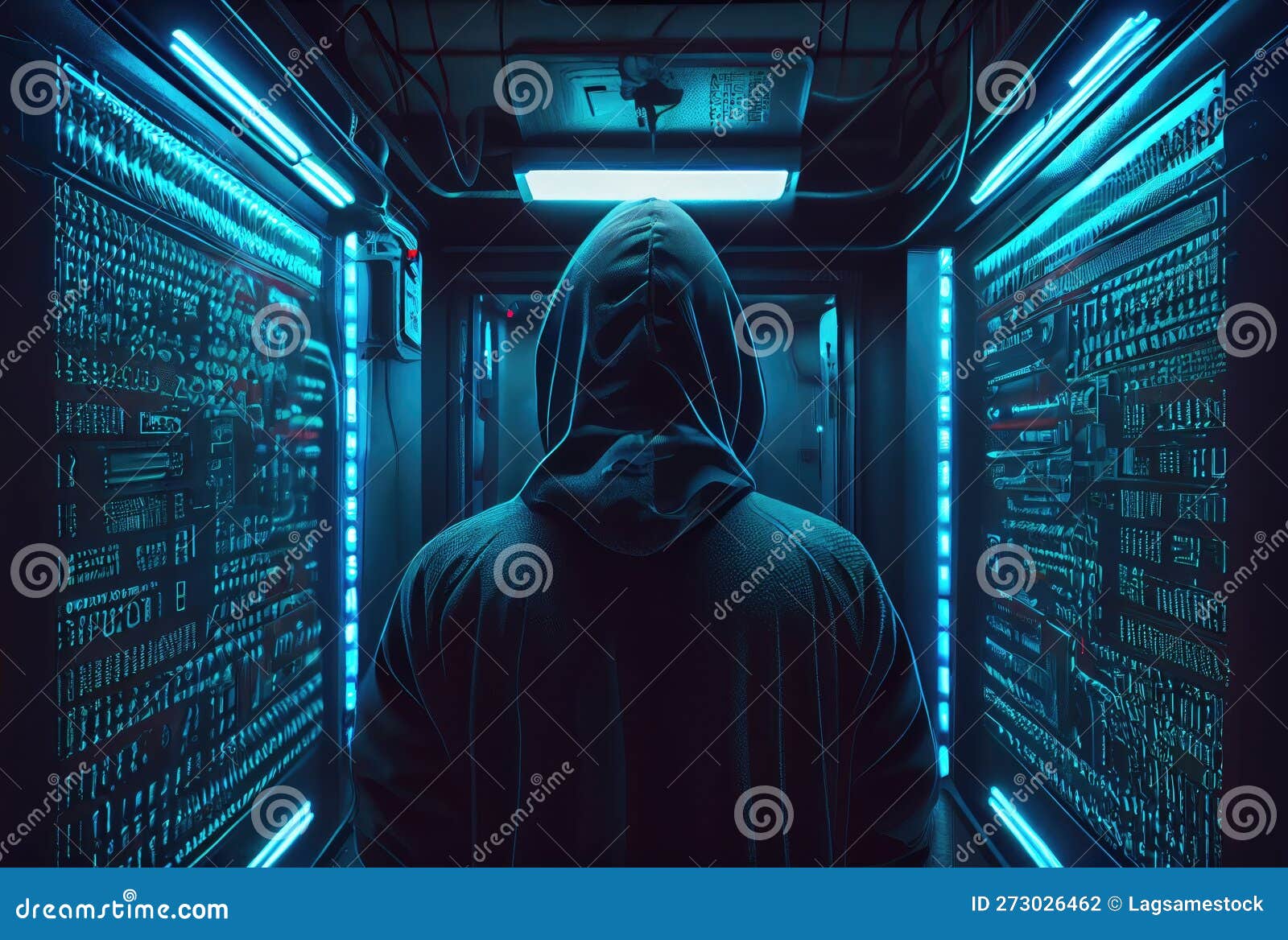 Hacker in the Black Hood in the Server Room. Unrecognizable People ...