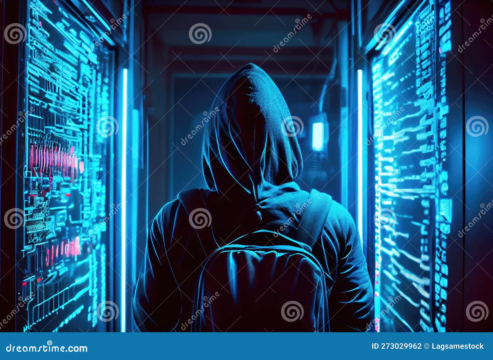 Hacker in the Black Hood in the Server Room. Unrecognizable People ...